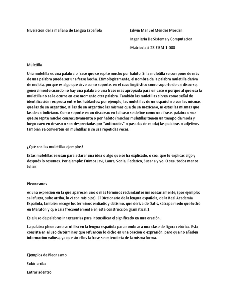 Nivelacion de La Mañana de Lengua Española Edwin Manuel Mendez Mordan | PDF