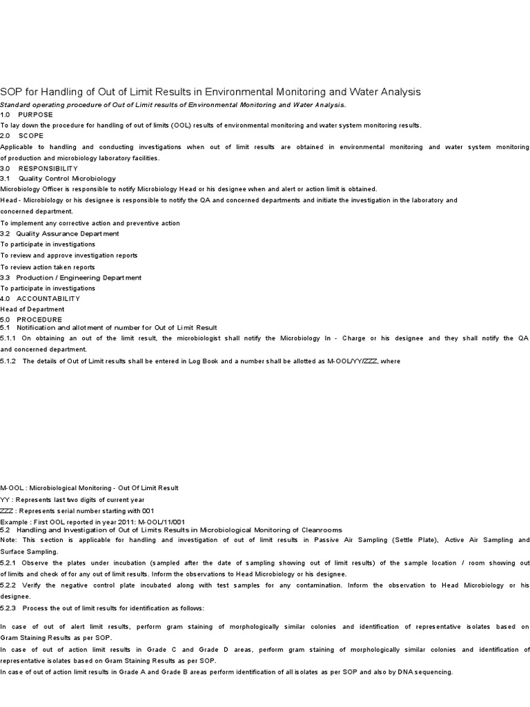 SOP For Handling of Out of Limit Result.. | PDF | Sampling (Statistics) | Laboratories