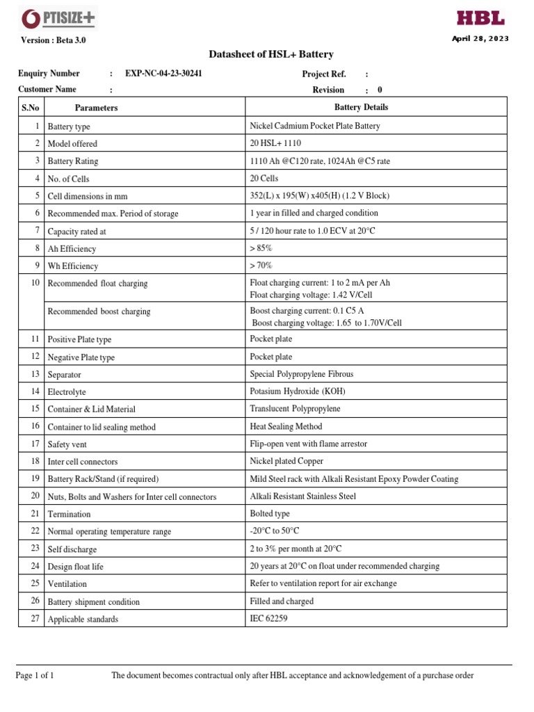 Battery HSL+ 1110 Data Sheet | PDF | Physical Sciences | Materials