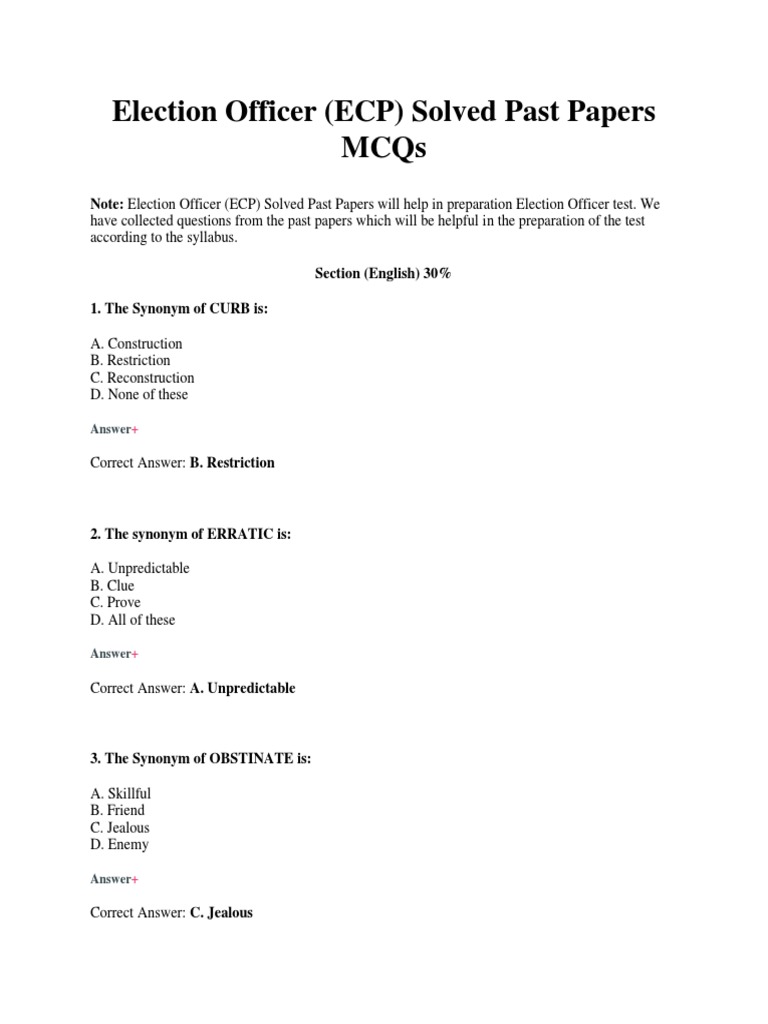 ECP Election Officer Past Papers MCQs | PDF | Supreme Courts | Lipid