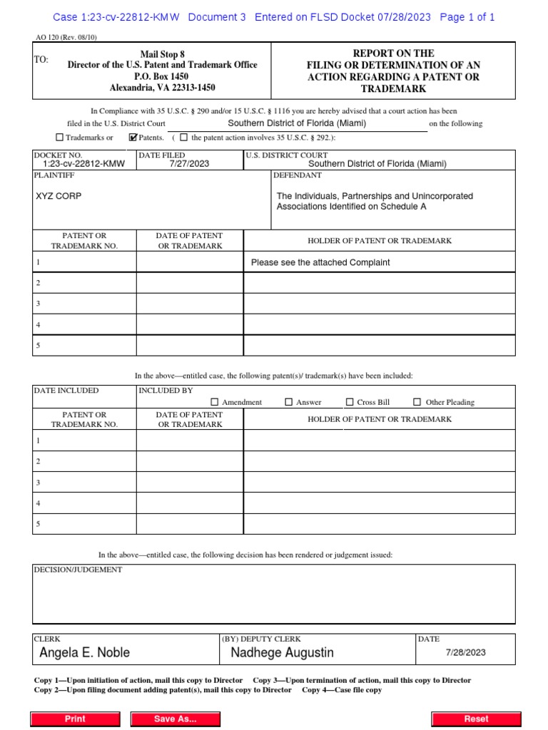 Patent Infringement Case: XYZ Corp v. Defendants | PDF