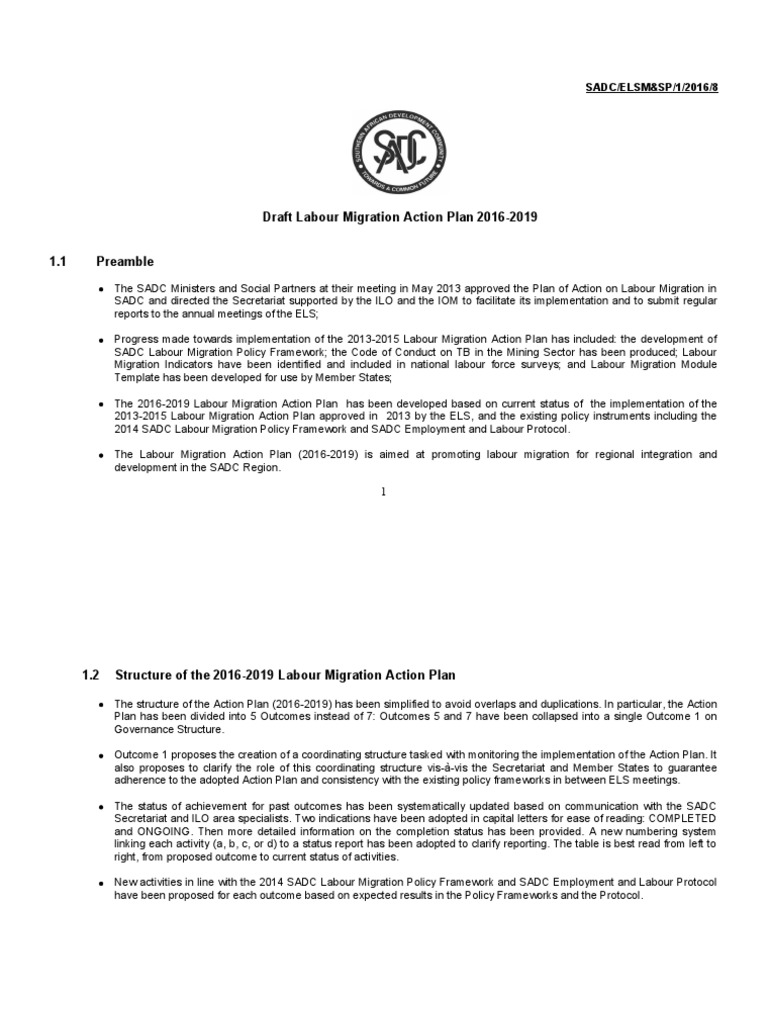 Sadc Labour Migration Action Plan For 2016 2019 | PDF