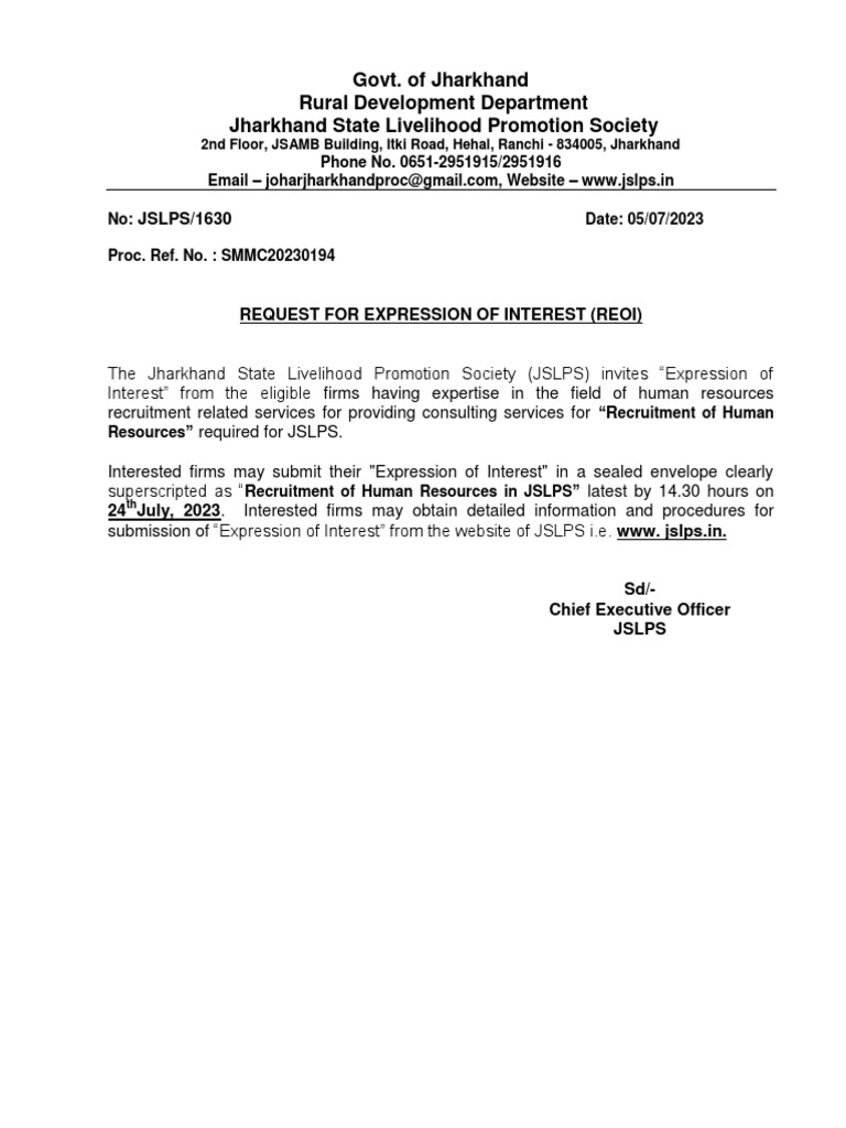 Jharkhand - REOI For Hiring of HR Agency | PDF | Recruitment | World Bank