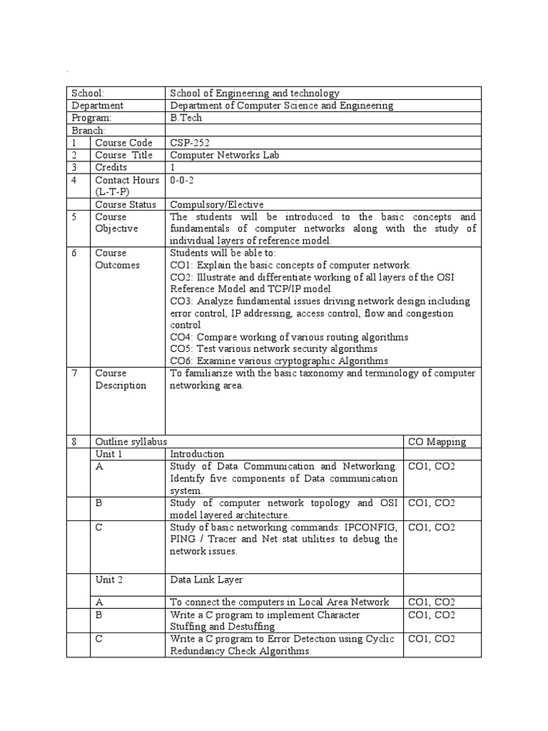 CSP252 - Computer Networks Lab | PDF