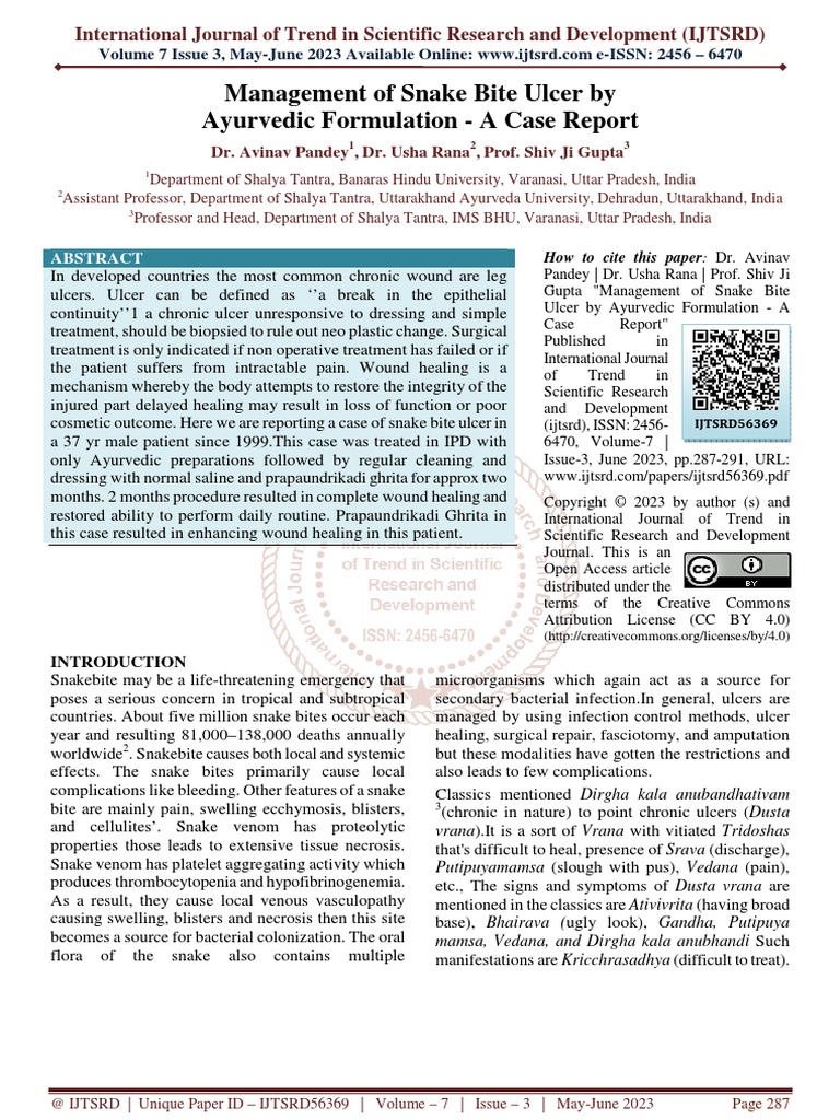 Management of Snake Bite Ulcer by Ayurvedic Formulation A Case Report ...