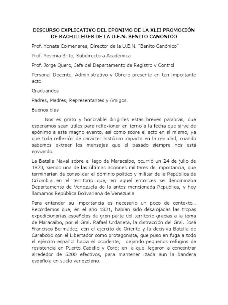 Discurso Explicativo Del Eponimo de La Xlii Promoción de Bachilleres de La U | PDF | Venezuela ...