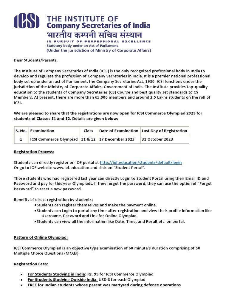 ICSI Circular-Online Registration | PDF