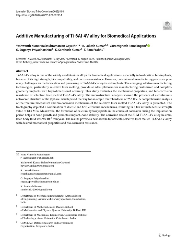 Additive Manufacturing of Ti-6Al-4V Alloy For Biomedical Applications | PDF | Heat Treating ...