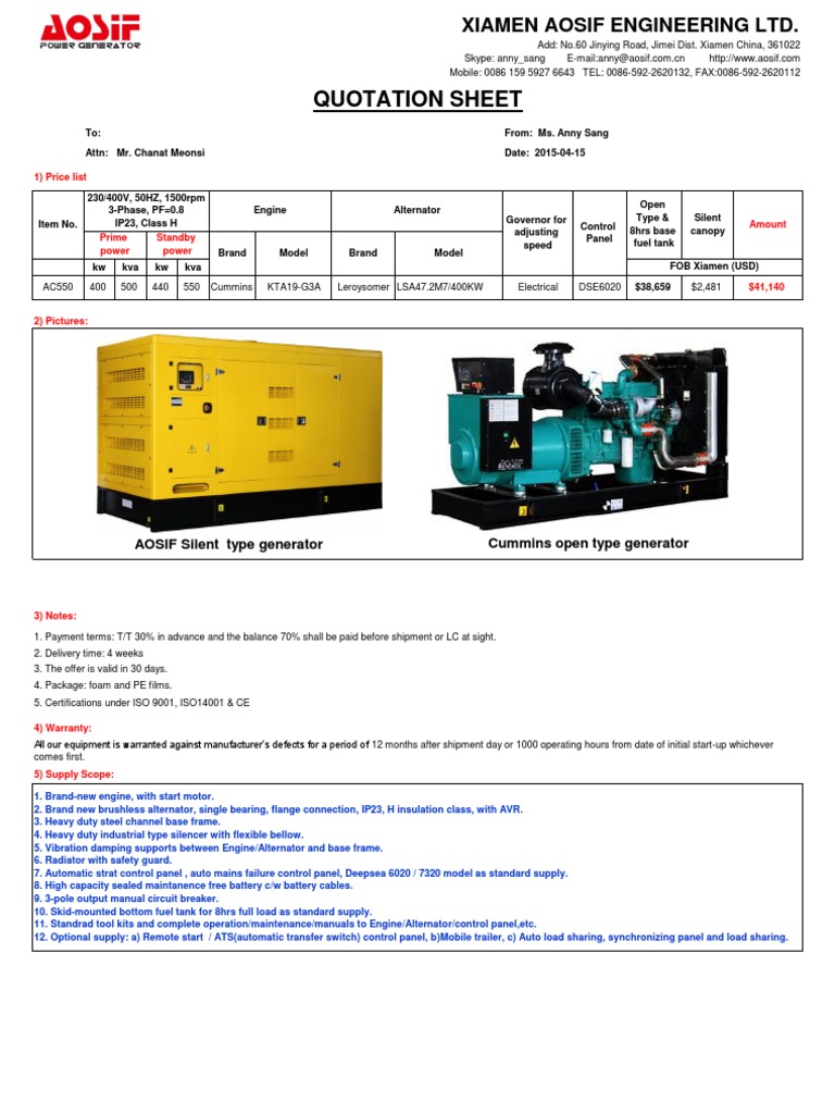 AOSIF Cummins 500kva 1150415 | PDF | Manufactured Goods | Electrical ...