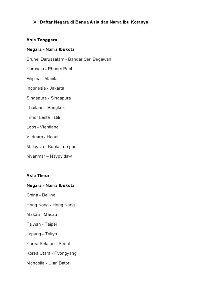 Daftar Negara Di Benua Asia Dan Nama Ibu Kotanya | PDF