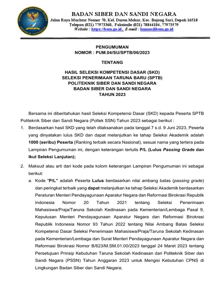 Hasil SKD Seleksi Taruna Poltek SSN 2023 | PDF