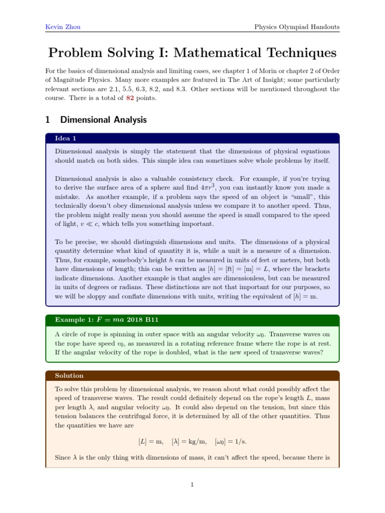 Problem Solving I: Mathematical Techniques: 1 Dimensional Analysis | Download Free PDF ...