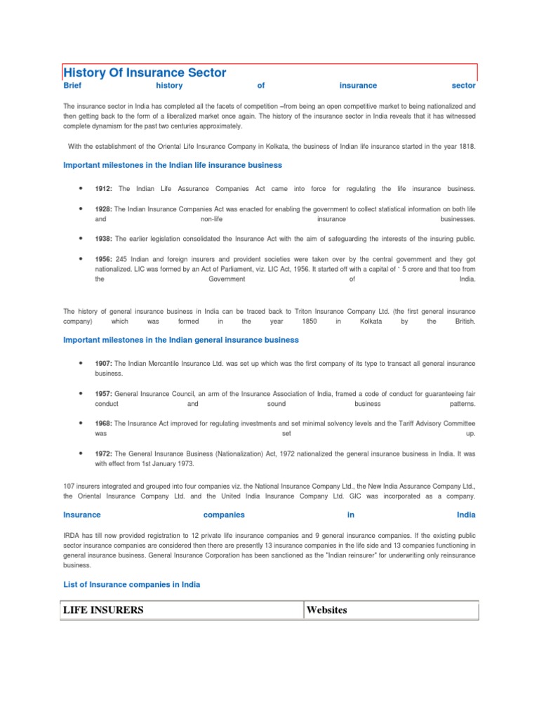 Brief History of Insurance Sector | Download Free PDF | Insurance ...