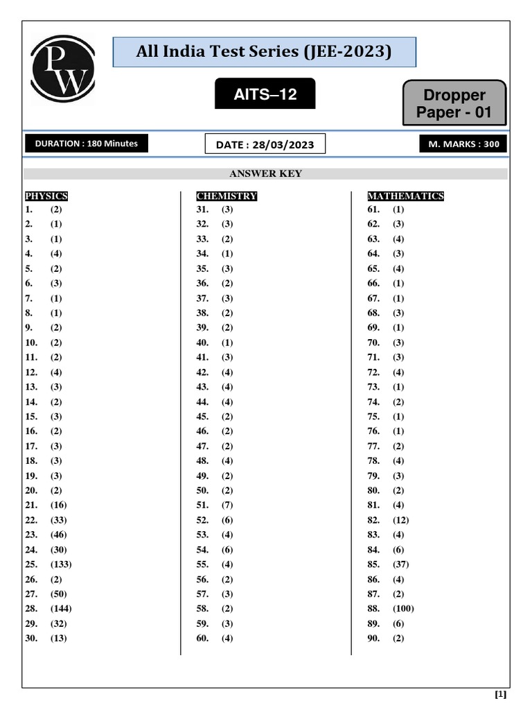 AITS Test-12 - JEE Dropper Paper-01 - 2023 - 28-03-2023 - Solutions | PDF