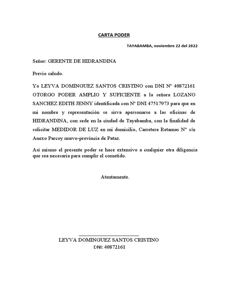 Carta de Poder para Solicitar Medidor de Luz | PDF Carta de Poder para Solicitar Medidor de Luz | PDF