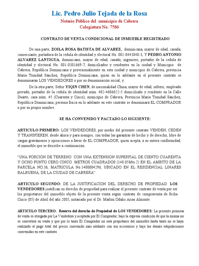 Contrato de Venta Condicional Zoila | PDF