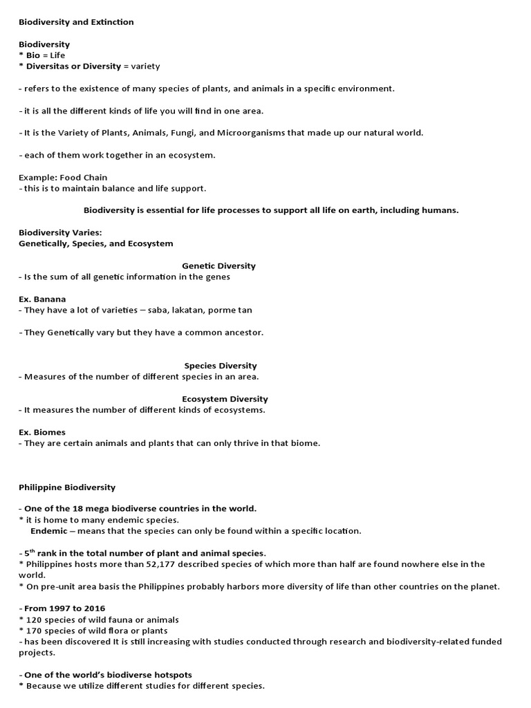 Biodiversity and Extinction - Natural Resources Notes | PDF ...