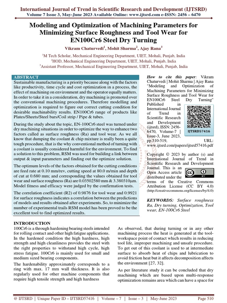 Modeling and Optimization of Machining Parameters For Minimizing Surface Roughness and Tool Wear ...