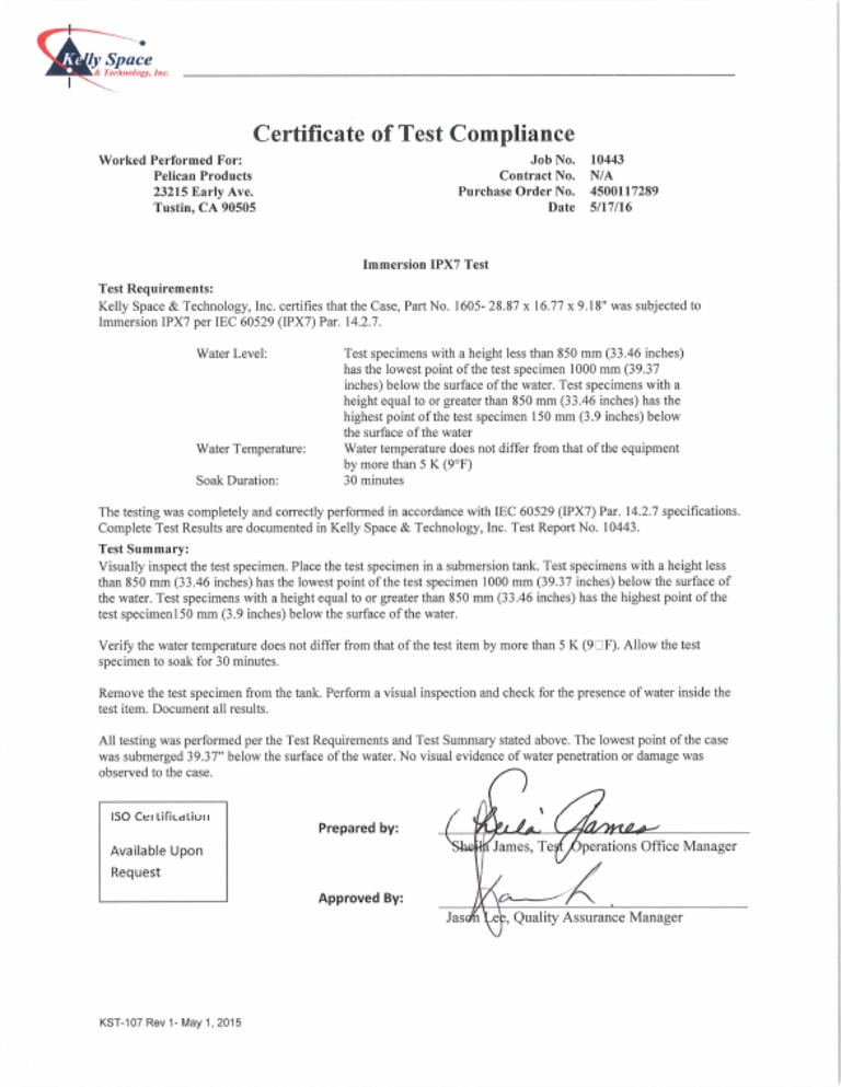Certificate of Test Compliance Immersion IPX7 Case 1605 | PDF