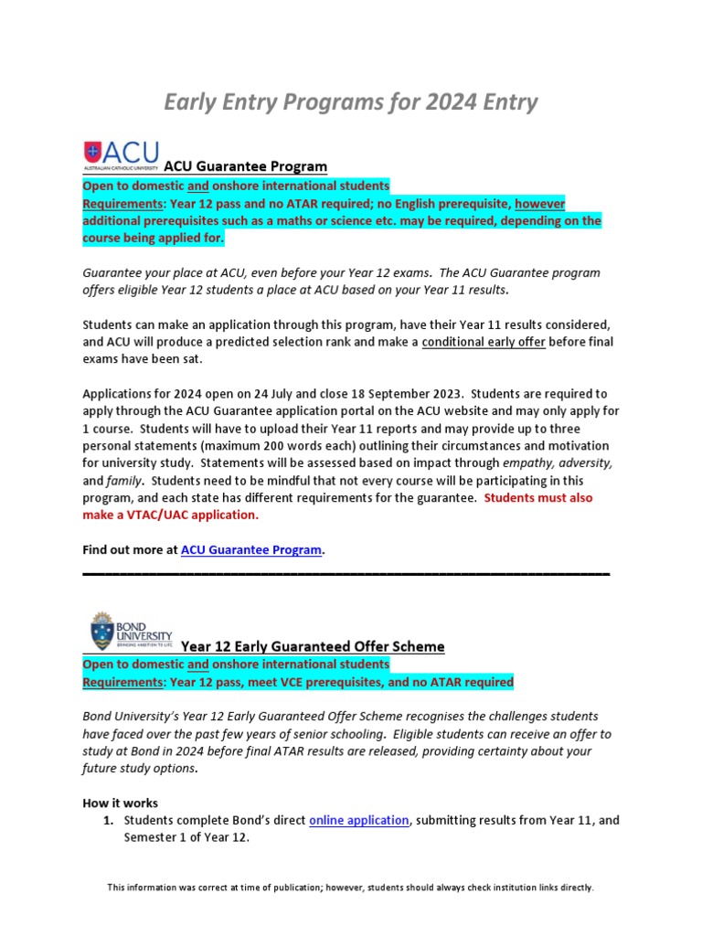 FINAL Early Entry Programs For 2024 Entry | PDF