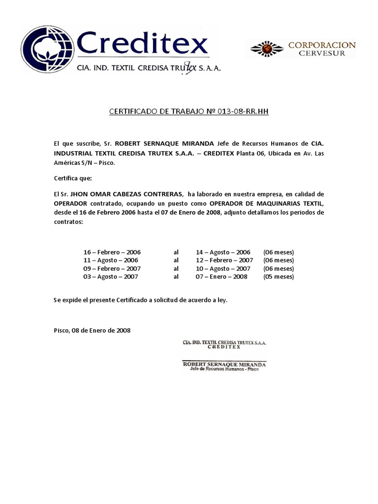 Certificado Creditex | PDF