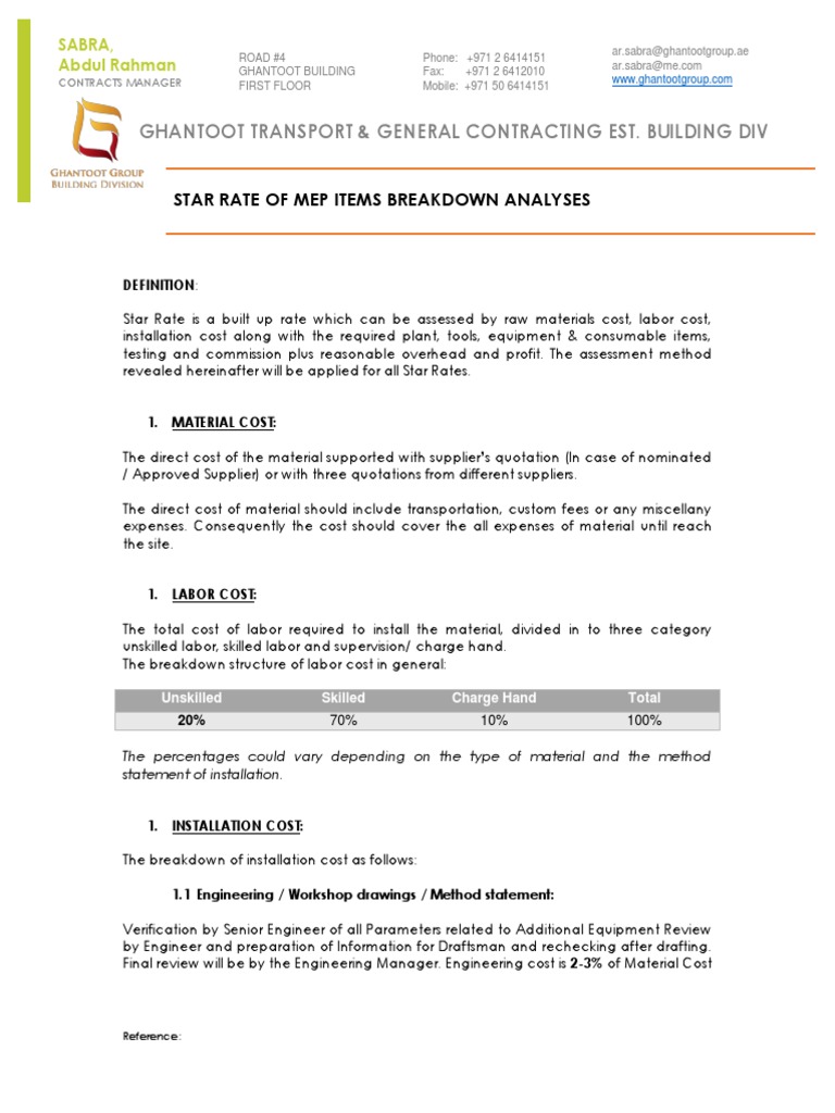 Star Rate Breakdown of Mep Items | PDF | Cost | Engineering