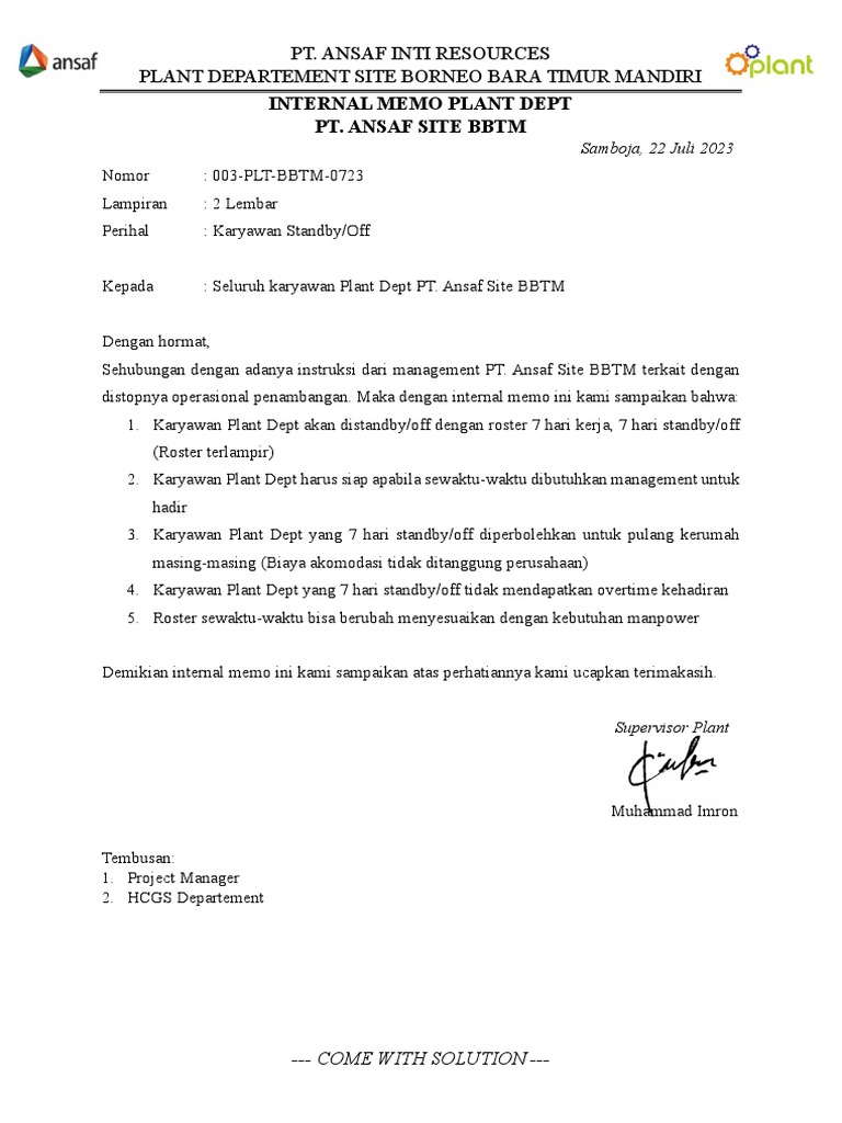 Internal Memo Plant Dept | PDF