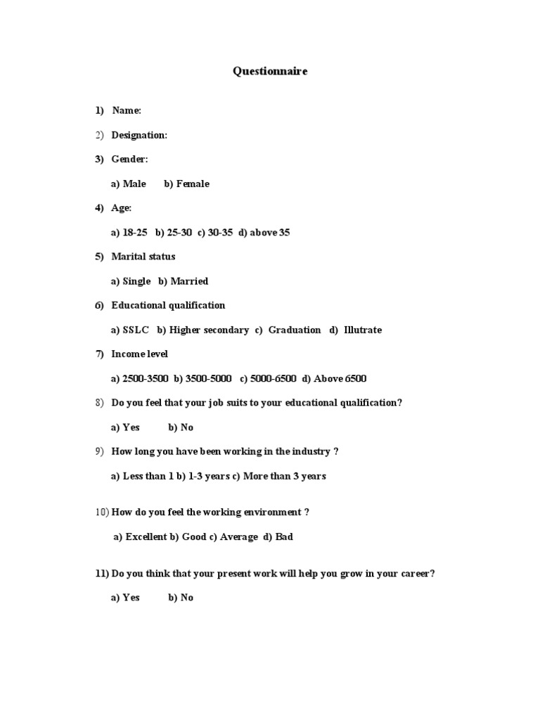 Questionnaire: 2) Designation | PDF | Employment | Labor