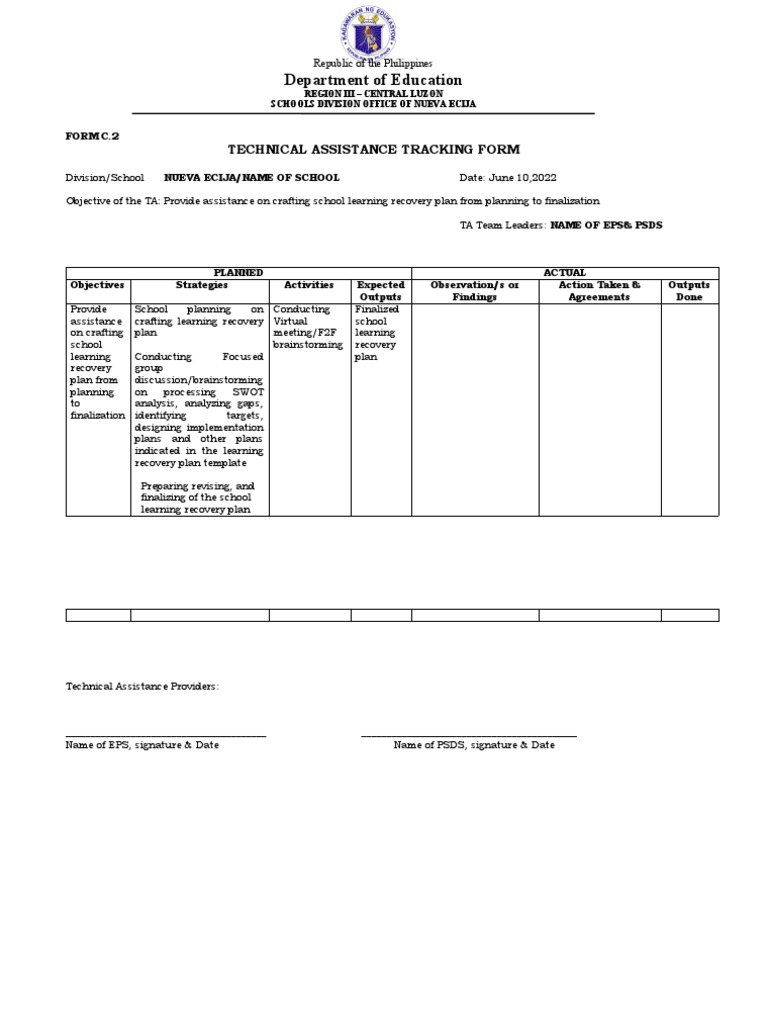 For The School - Form C2 Technical Assistance Tracking Form | PDF