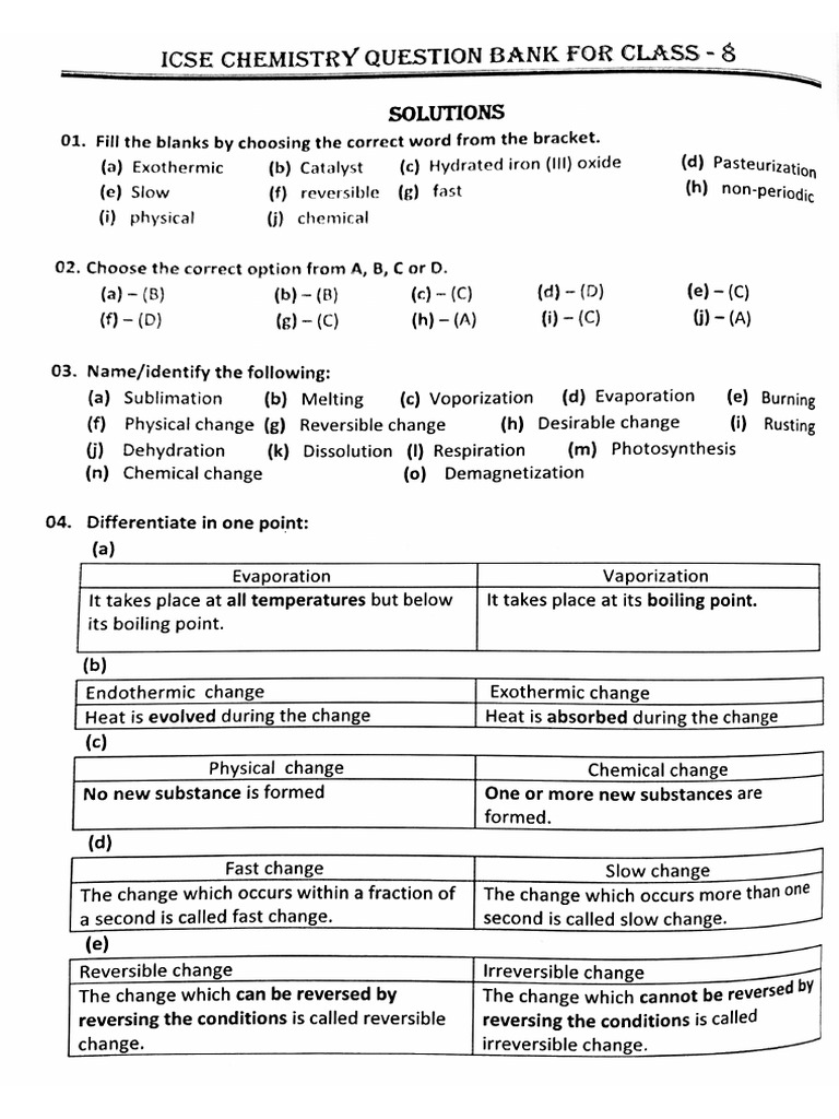 Physical Chemical Changes Worksheet Solutions | PDF