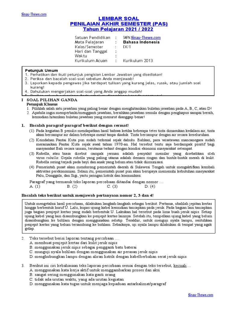 Soal PAS B.Indo Kelas 9 K13 | PDF