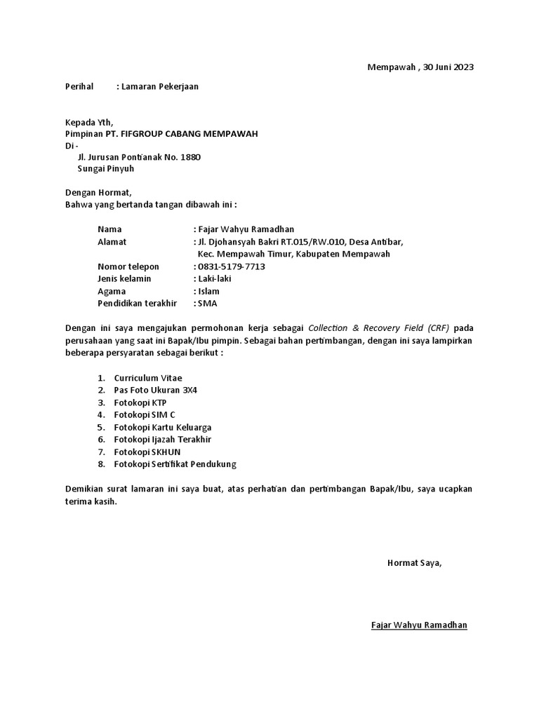 Contoh Surat Lamaran FIFGROUP | PDF