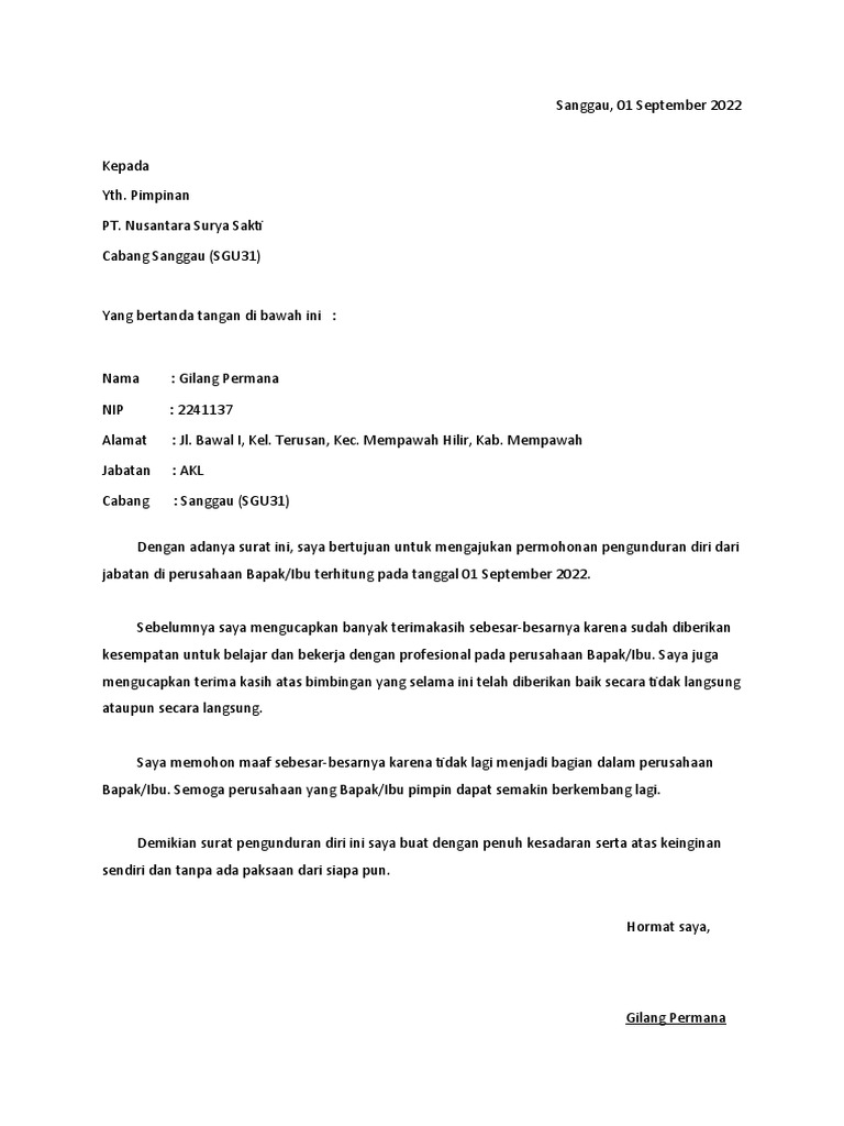 Contoh Surat Resign (Word) | PDF