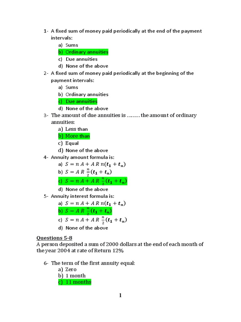 Annuities-Eq. of Val. MCQ | PDF