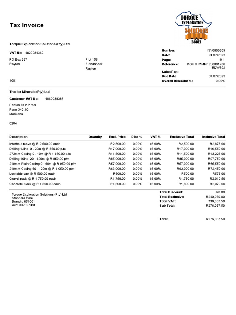 Tax Invoice for Torque Exploration Services | PDF | Taxes | Payments