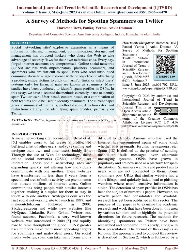 A Survey of Methods For Spotting Spammers On Twitter | Download Free ...