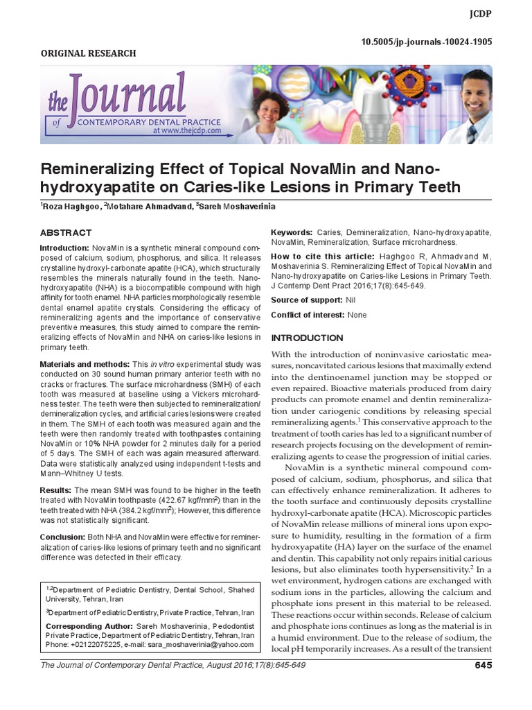 Remineralizing Effect of Topical NovaMin and Nano-Hydroxyapatite On ...