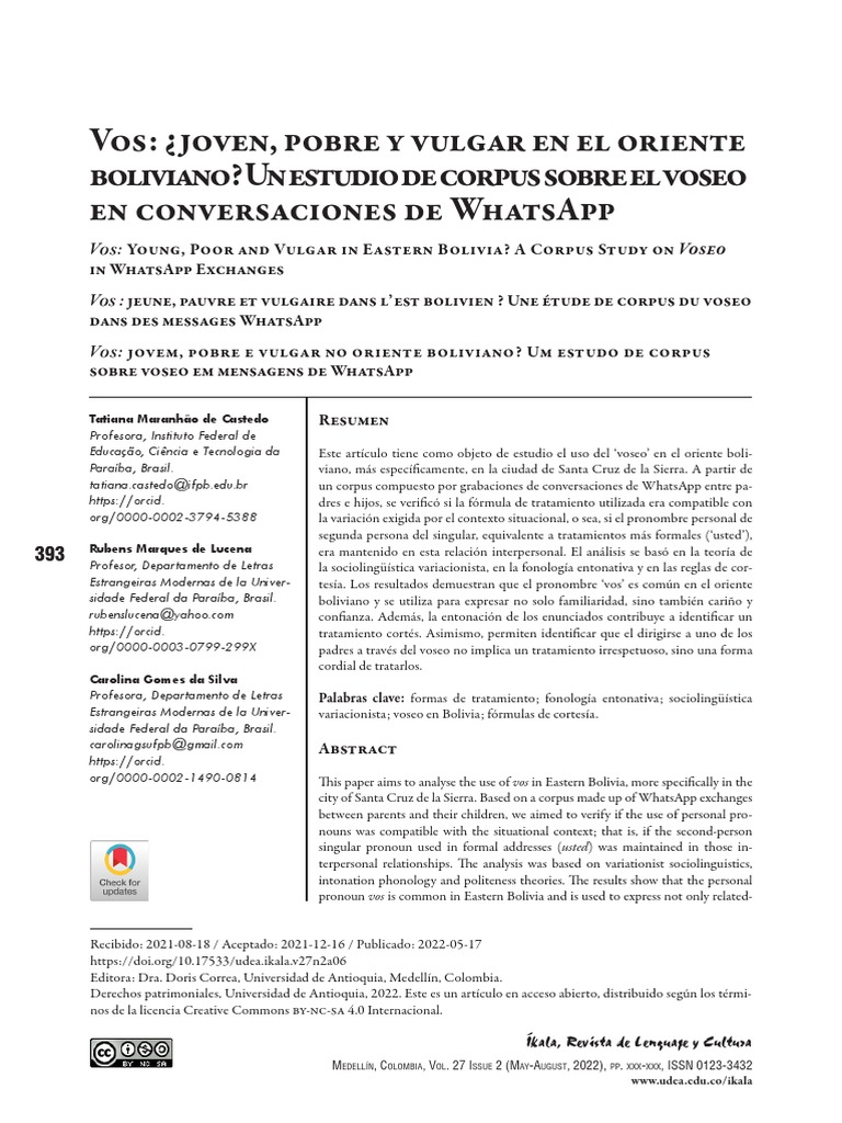 Vos, Joven, Pobre y Vulgar en El Oriente Boliviano. Un Estudio de ...