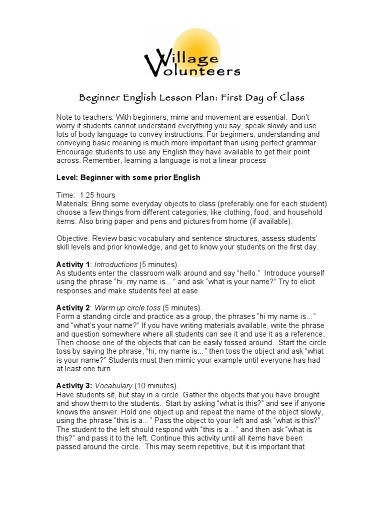 Beginner ESL Lesson Plan Overview | PDF | Lesson Plan | Phrase