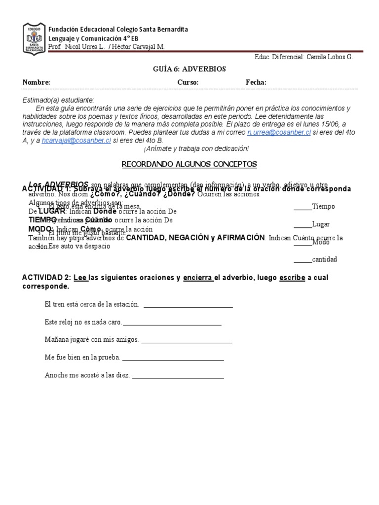 Guía de Adverbios para 4° Básico | PDF | Adverbio
