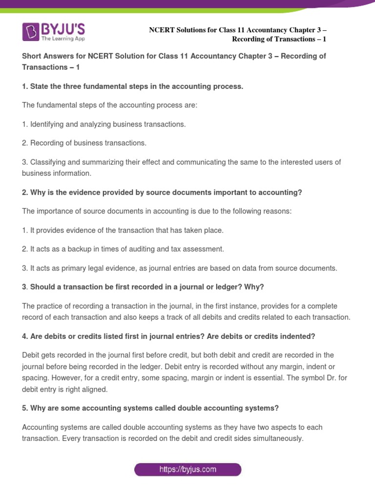 Ncert Solutions For Class 11 Accountancy Chapter 3 Recording of Transactions 1 | PDF | Debits ...
