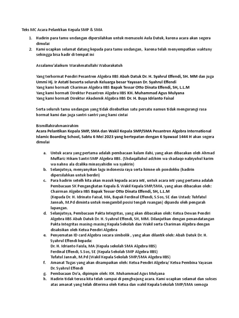 Teks MC Acara Pelantikan Kepala SMP | PDF