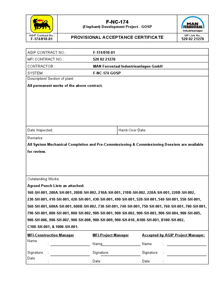 Provisional Acceptance Certificate - GOSP | PDF