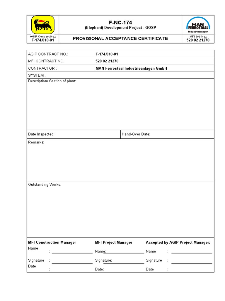 Provisional Acceptance Certificate | PDF