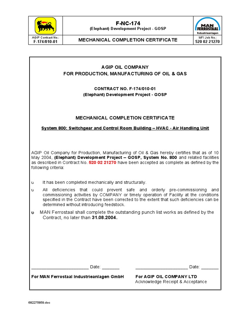 Mechanical Completion Certificate | PDF