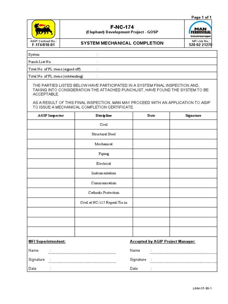 System Mechanical Completion | PDF
