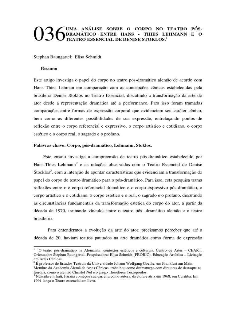 Uma Análise Sobre o Corpo No Teatro Pós Dramatico e o Essencial de ... Uma Análise Sobre o Corpo No Teatro Pós Dramatico e o Essencial de ...