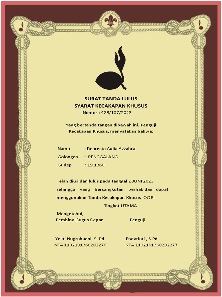 SERTIF SURAT TANDA LULUS SKK-1 Ara | PDF