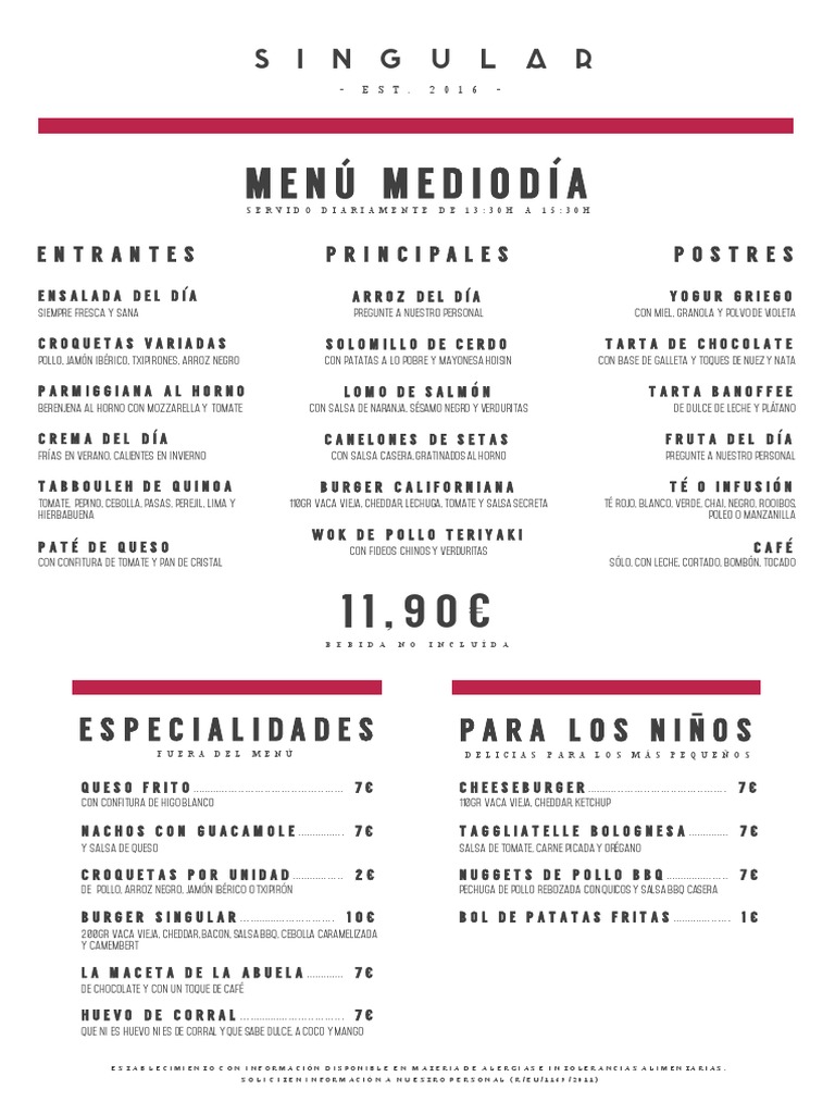 Nuevos Menús Singular Final | PDF