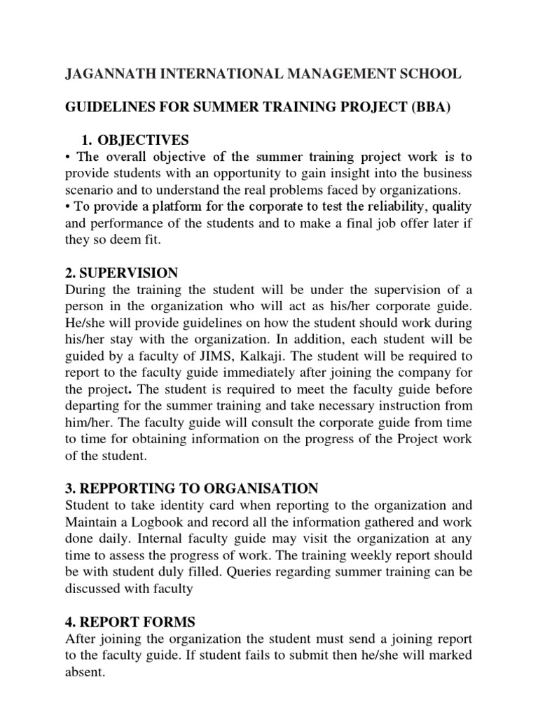 Summer Training Project Guidelines for BBA | PDF | Business